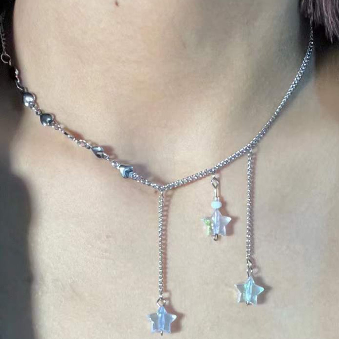 Star Choker Necklace, Silver Star Collar Necklace, Tassel Star Pendant ...