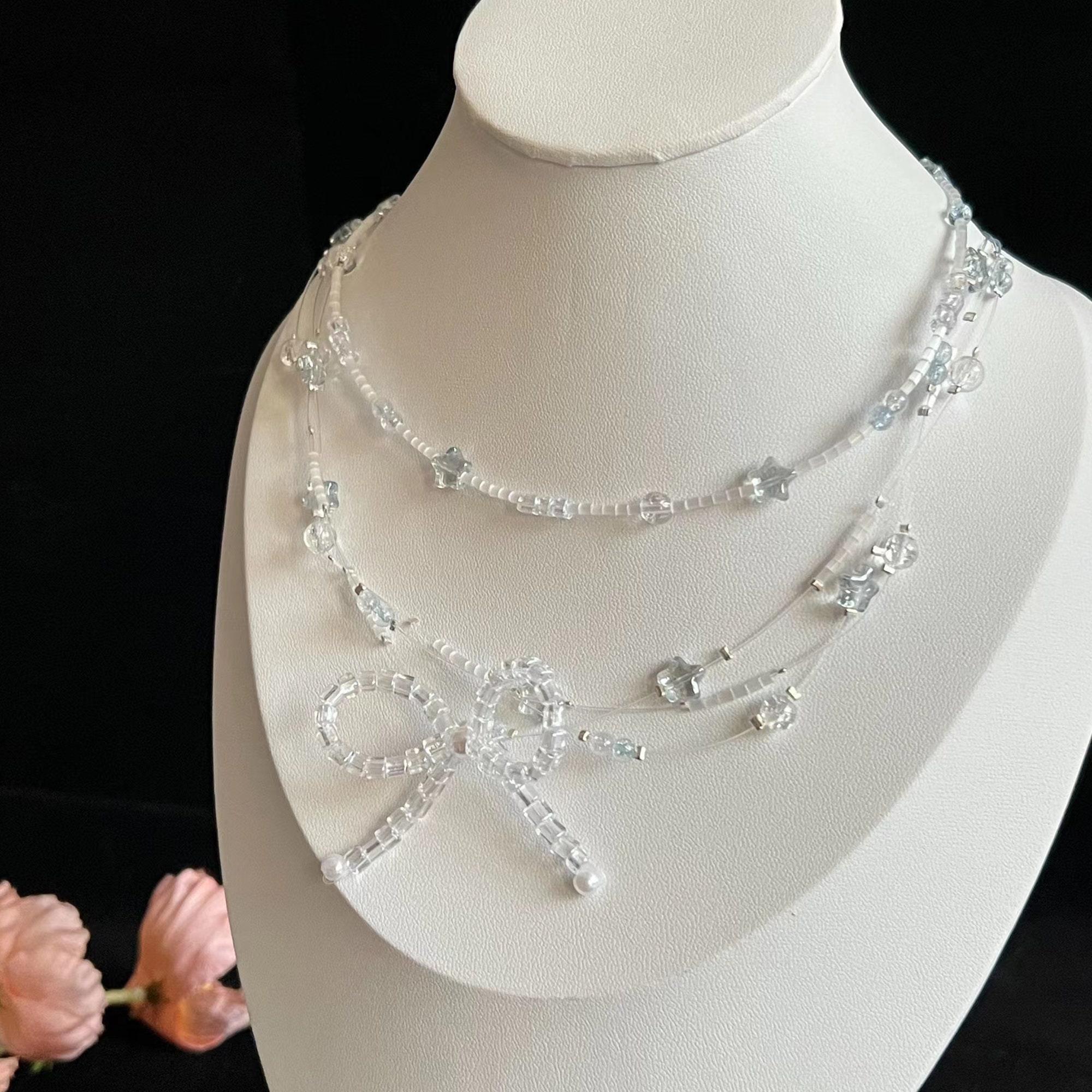 Pink Bow Bead Necklacestar Pearl Beaded Bow Necklace - Etsy