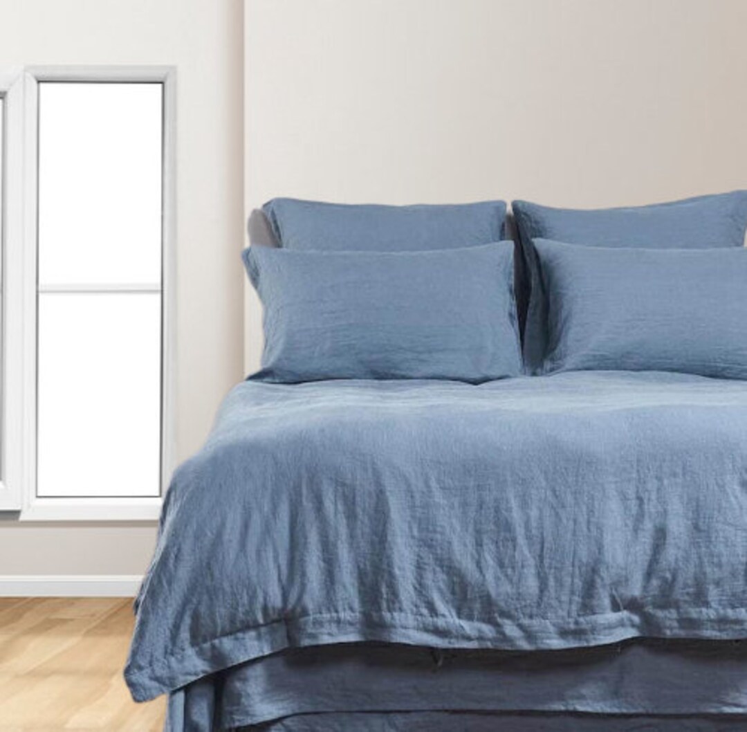 Cornflower Blue Linen Duvet Cover With Coconut Buttons, Natural Soft ...