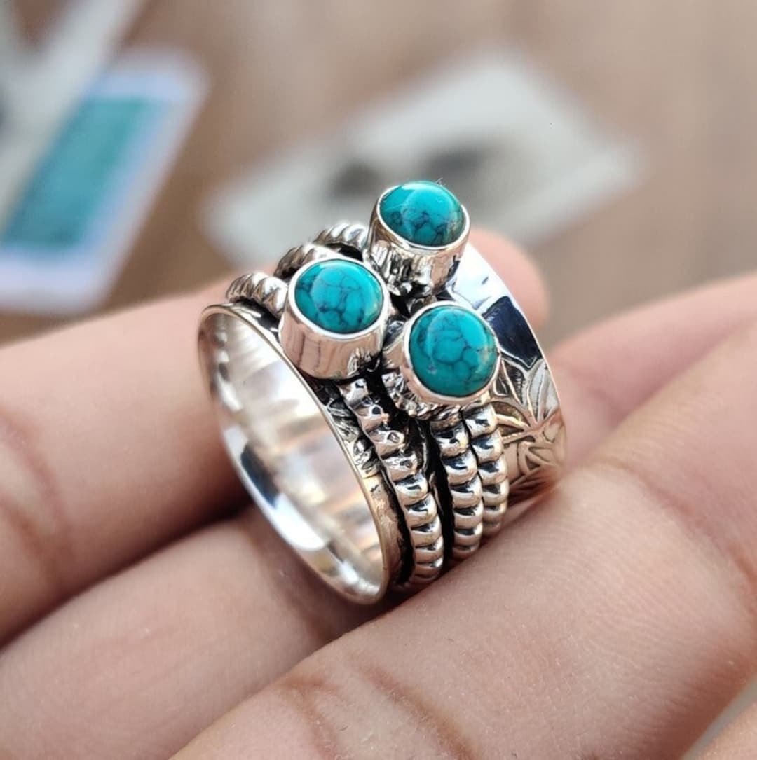Turquoise Spinner Ring, 925 Sterling Silver Ring, Hammered Ring, Two ...