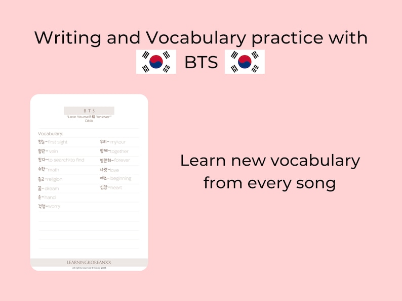Writing and Vocabulary Practice With BTS |korean Language Study |printable Ebook |korean for ...