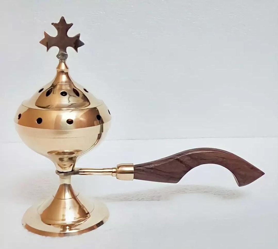 Brass Incense Burner With Wooden Handle: Tabletop Sambrani Stand - Etsy