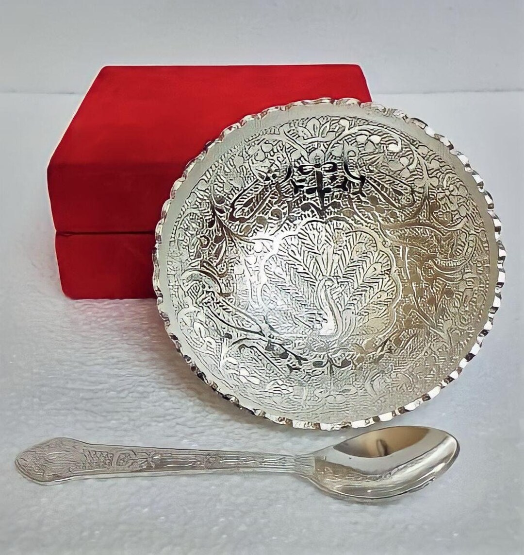 Engraved Peacock Bowl With Spoon: Silver Plated Indian Gift Set, Pooja ...