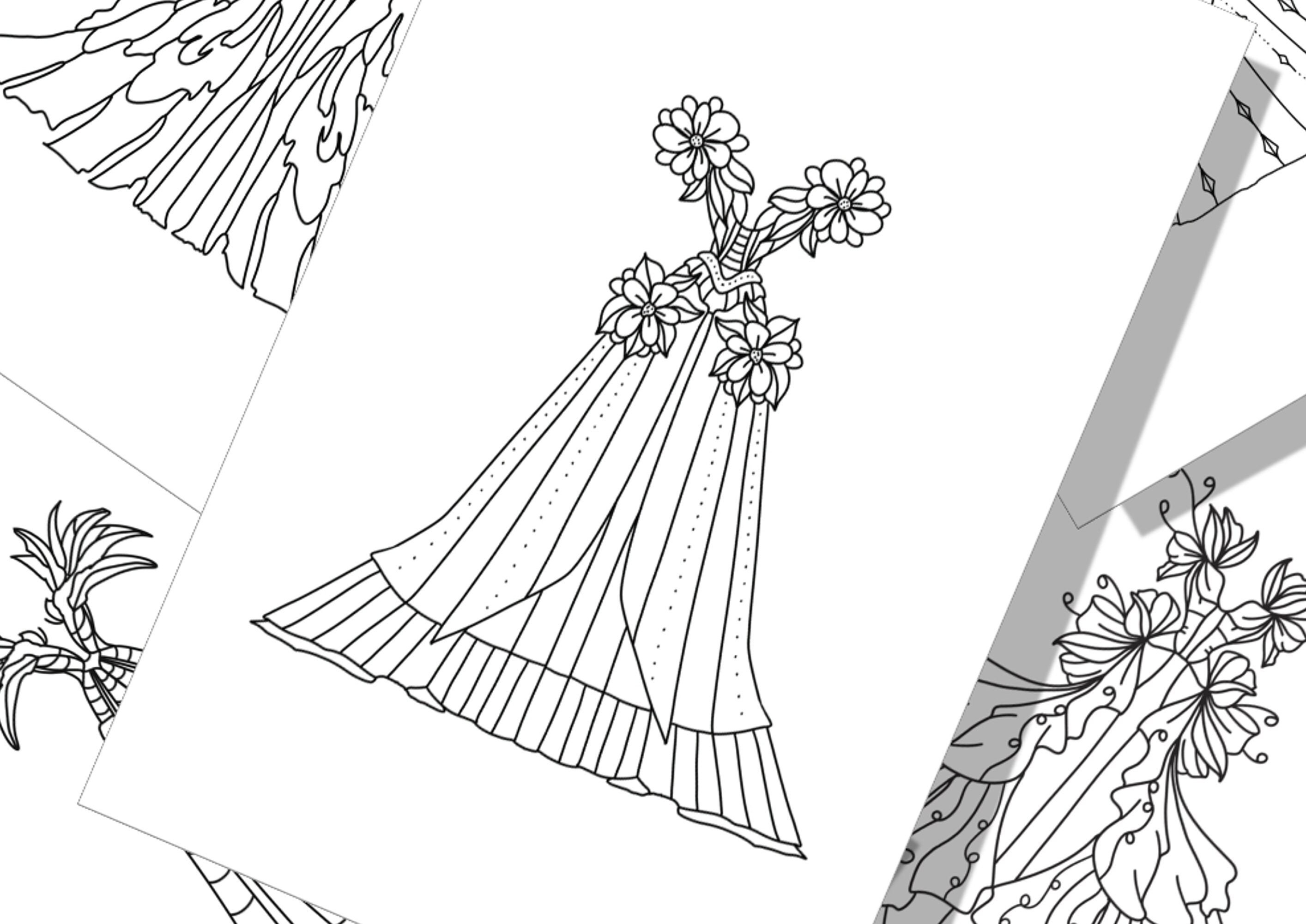 10 Fantasy Dresses Coloring Pages for Kids and Adults BOTANICAL Edition ...