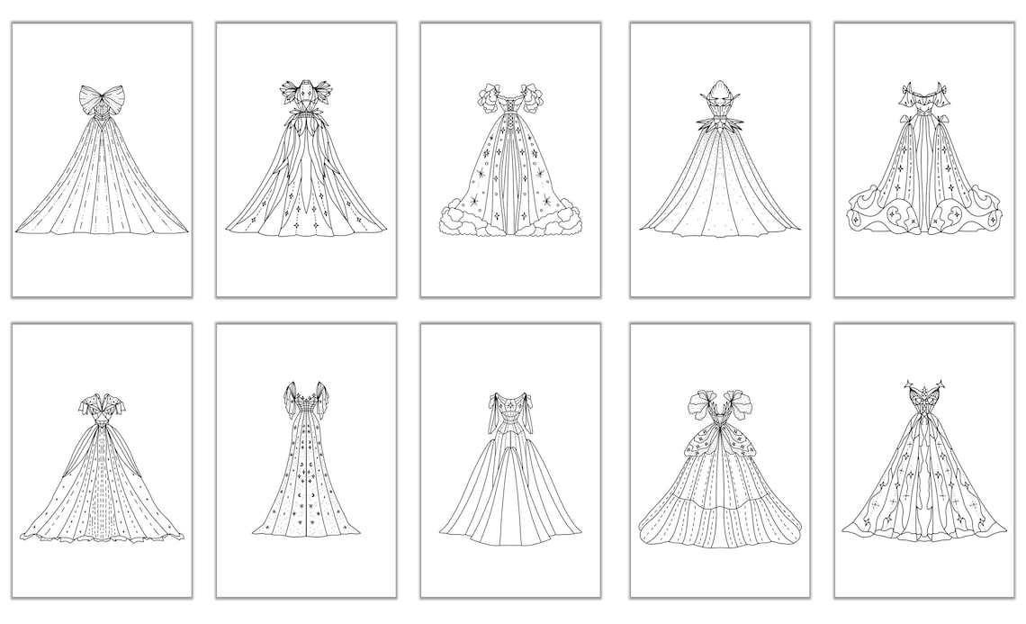10 Fantasy Dresses Coloring Pages | Set 3 | PDF | Digital Book Print ...