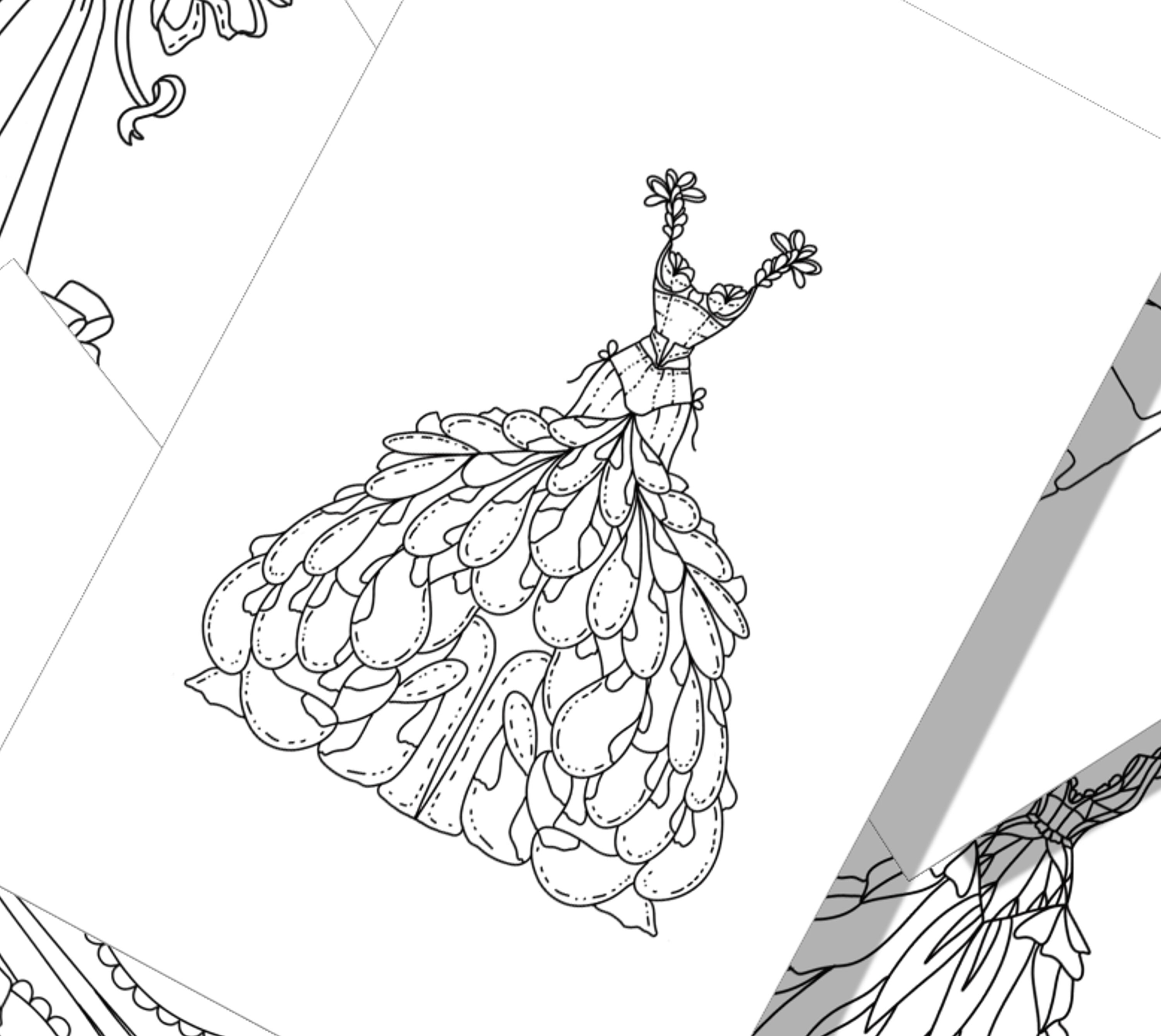 10 Fantasy Dresses Coloring Pages for Kids and Adults - Etsy