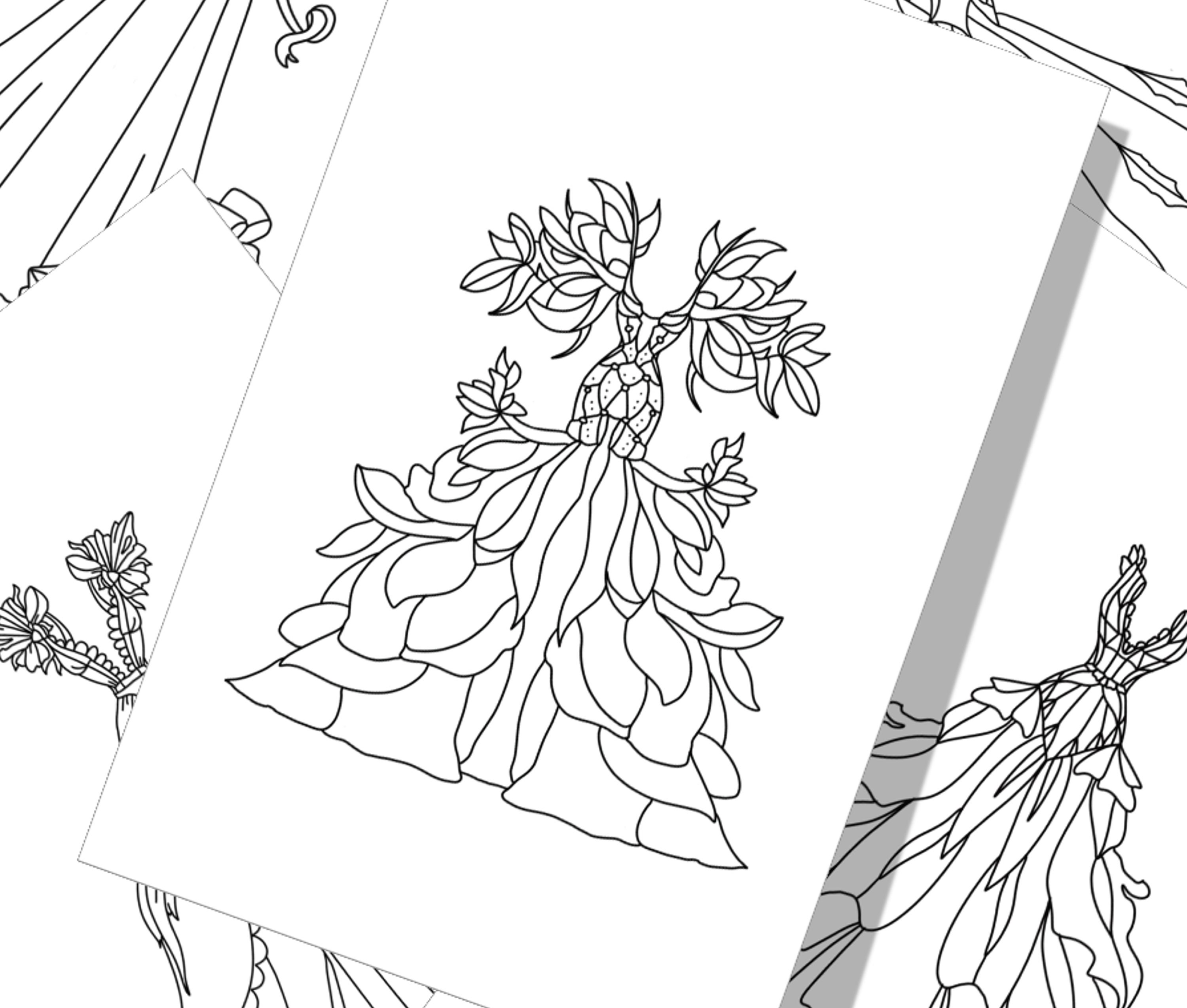 10 Fantasy Dresses Coloring Pages for Kids and Adults - Etsy