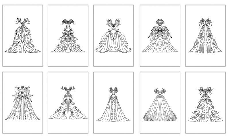 10 Fantasy Dresses Coloring Pages | Set 1 | PDF | Digital Book Print ...