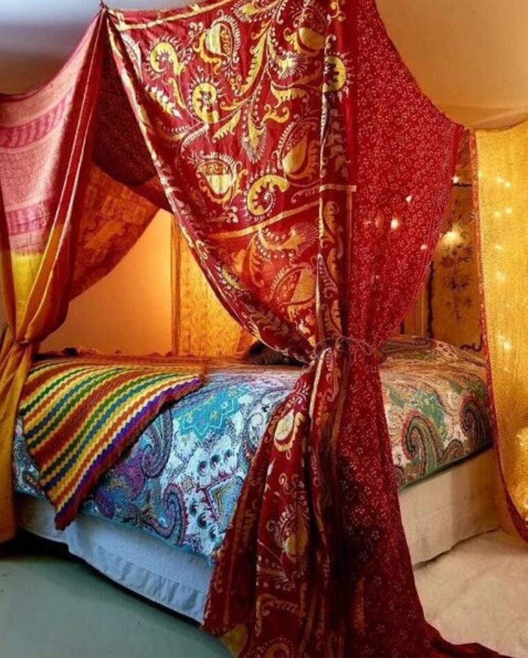 Red Yellow Sari Bed Canopy Bohemian Bed Canopy Boho Decor Bed Canopy ...