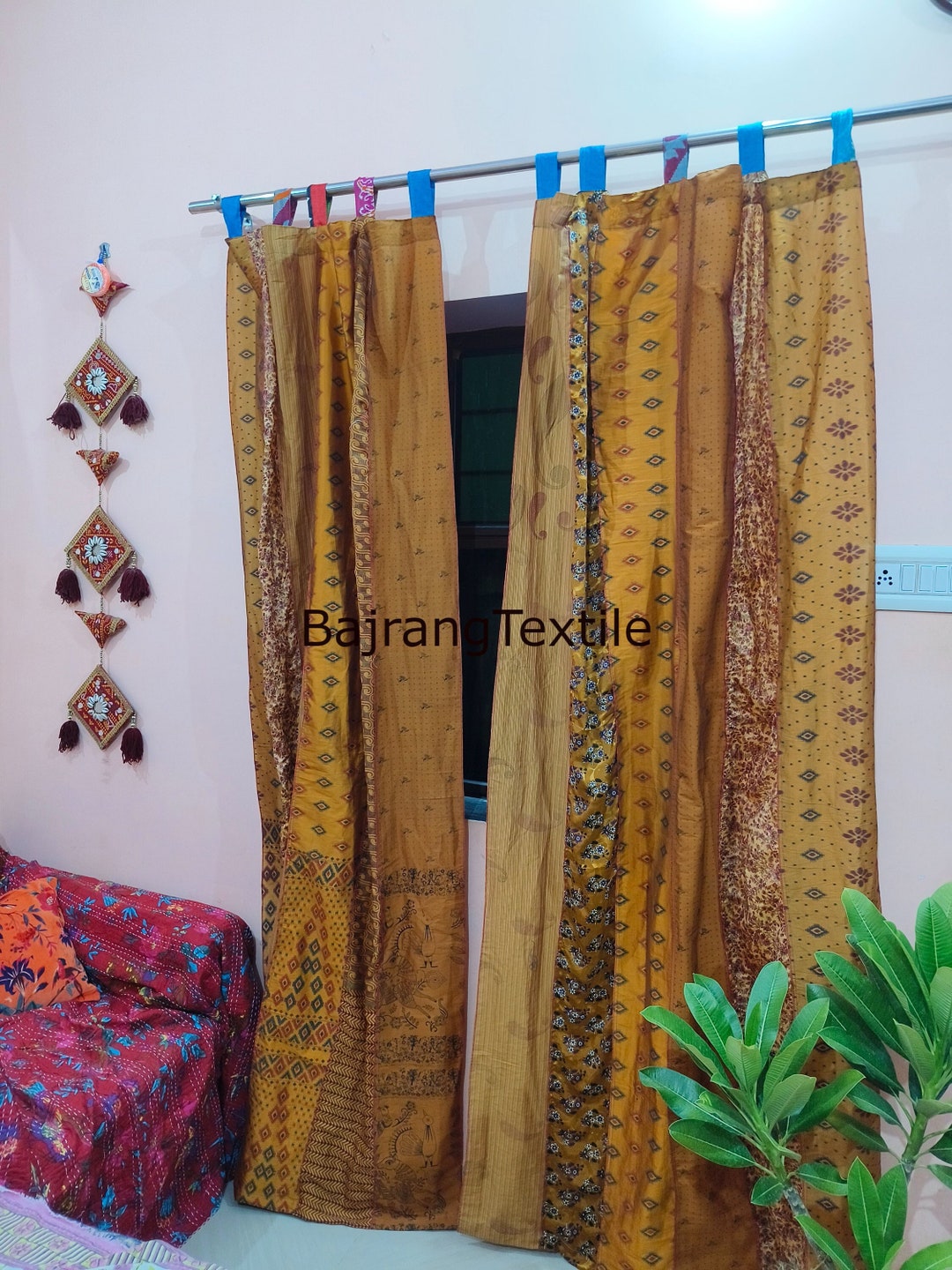 Boho Vintage Old Silk Sari Fabric Handmade Curtain 2 Panel Window ...