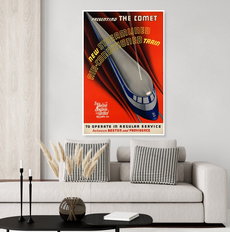 Vintage Train Poster, New Have Railroad, Black and White, Red ...