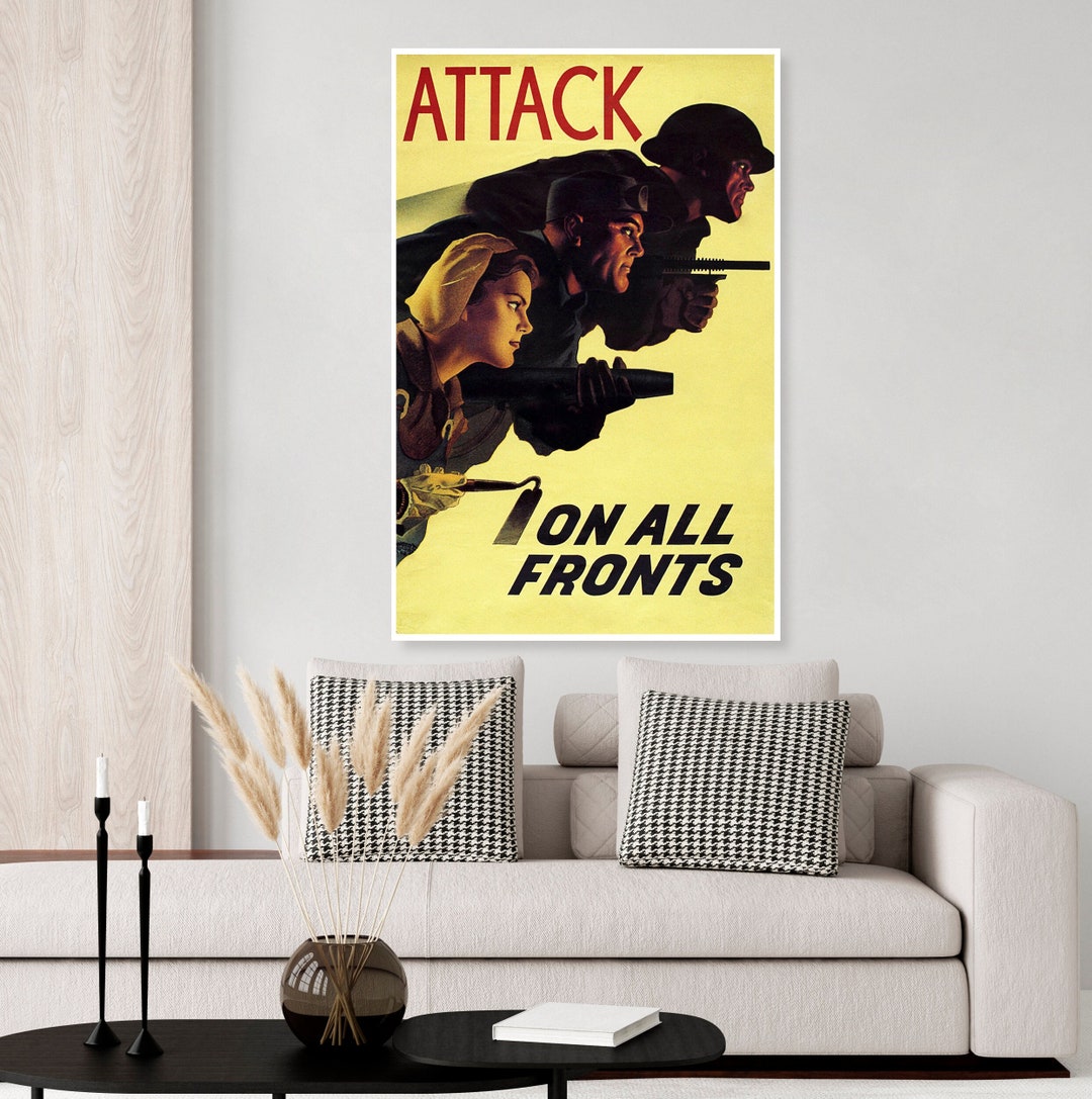 Vintage WWII War Attack on All Fronts, War Bond Poster, US Marines, US ...