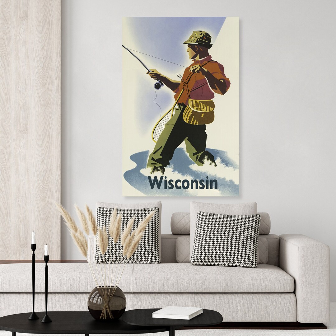 Vintage Inspired Wisconsin Fishing Travel Poster, Fly Fishing, Trout ...