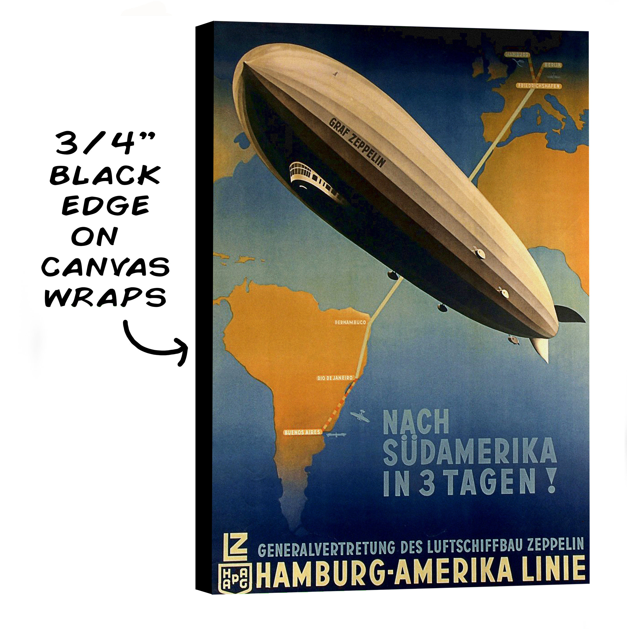 Vintage German Zeppelin Blimp Art Deco Travel Poster, Map, South ...