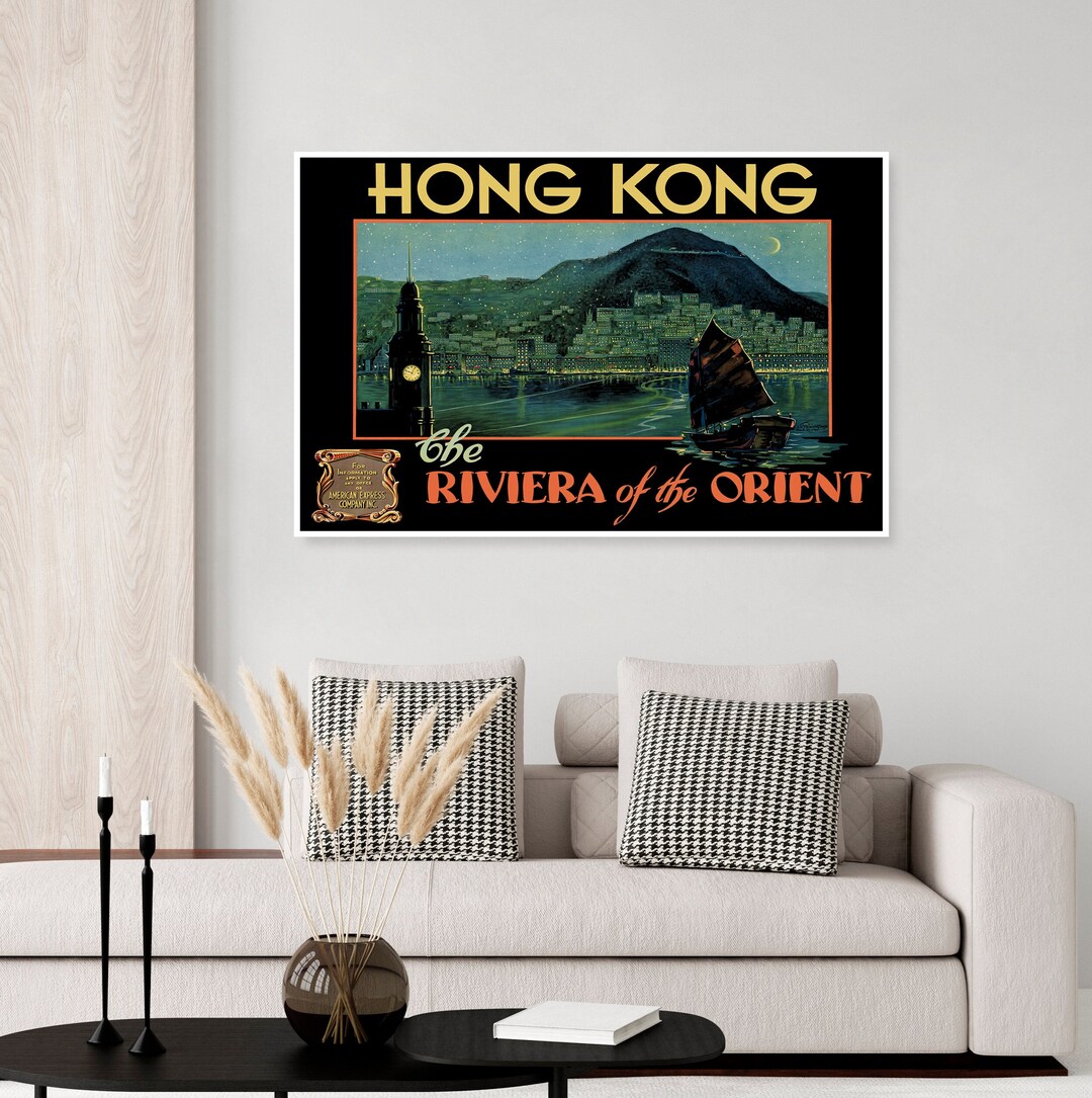 Vintage Hong Kong China Travel Poster, Chinese Junk, Boat, Riviera of ...