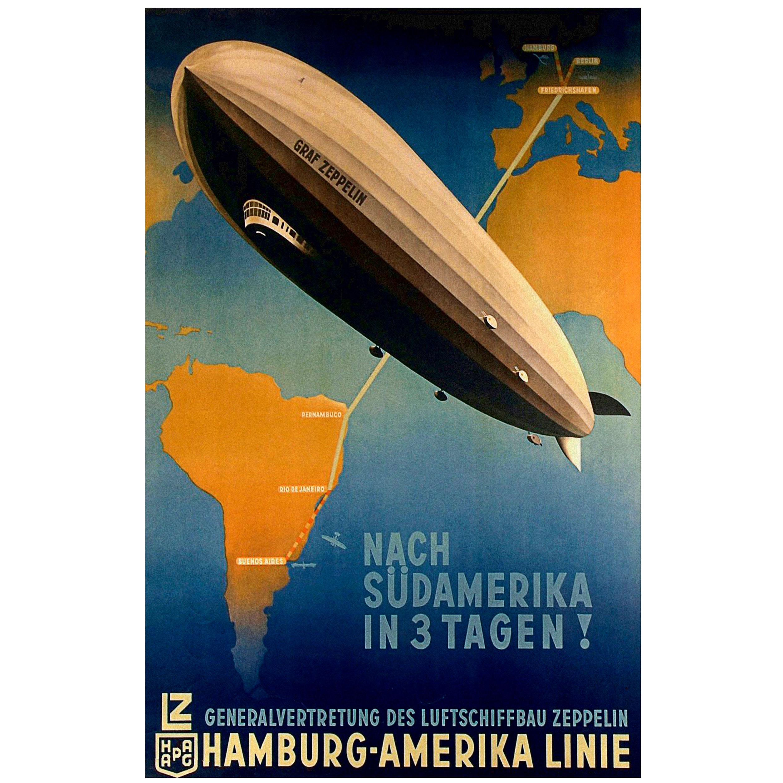 Vintage German Zeppelin Blimp Art Deco Travel Poster, Map, South ...