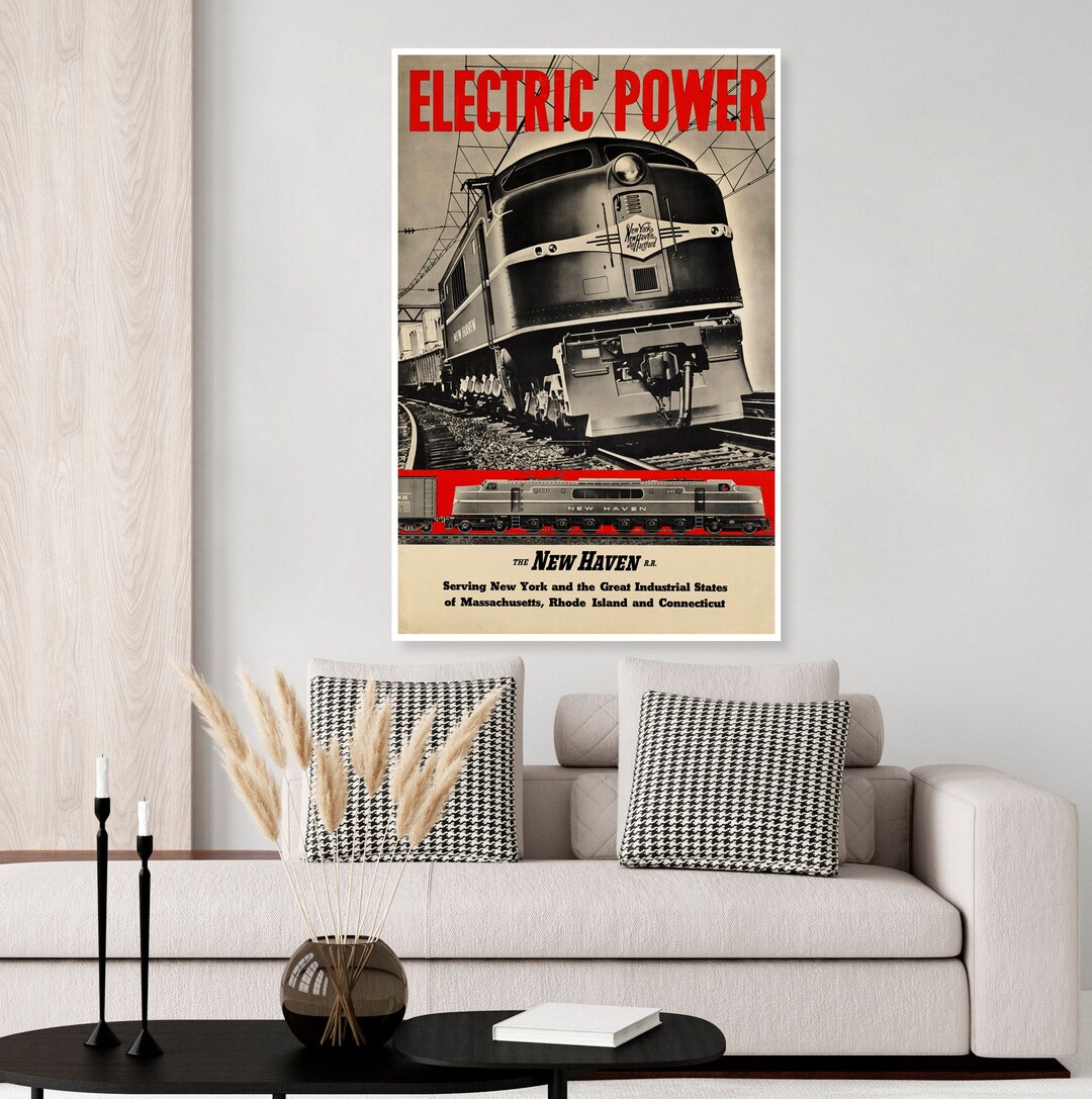 Vintage Train Poster, New Have Railroad, Black and White, Red, Electric ...