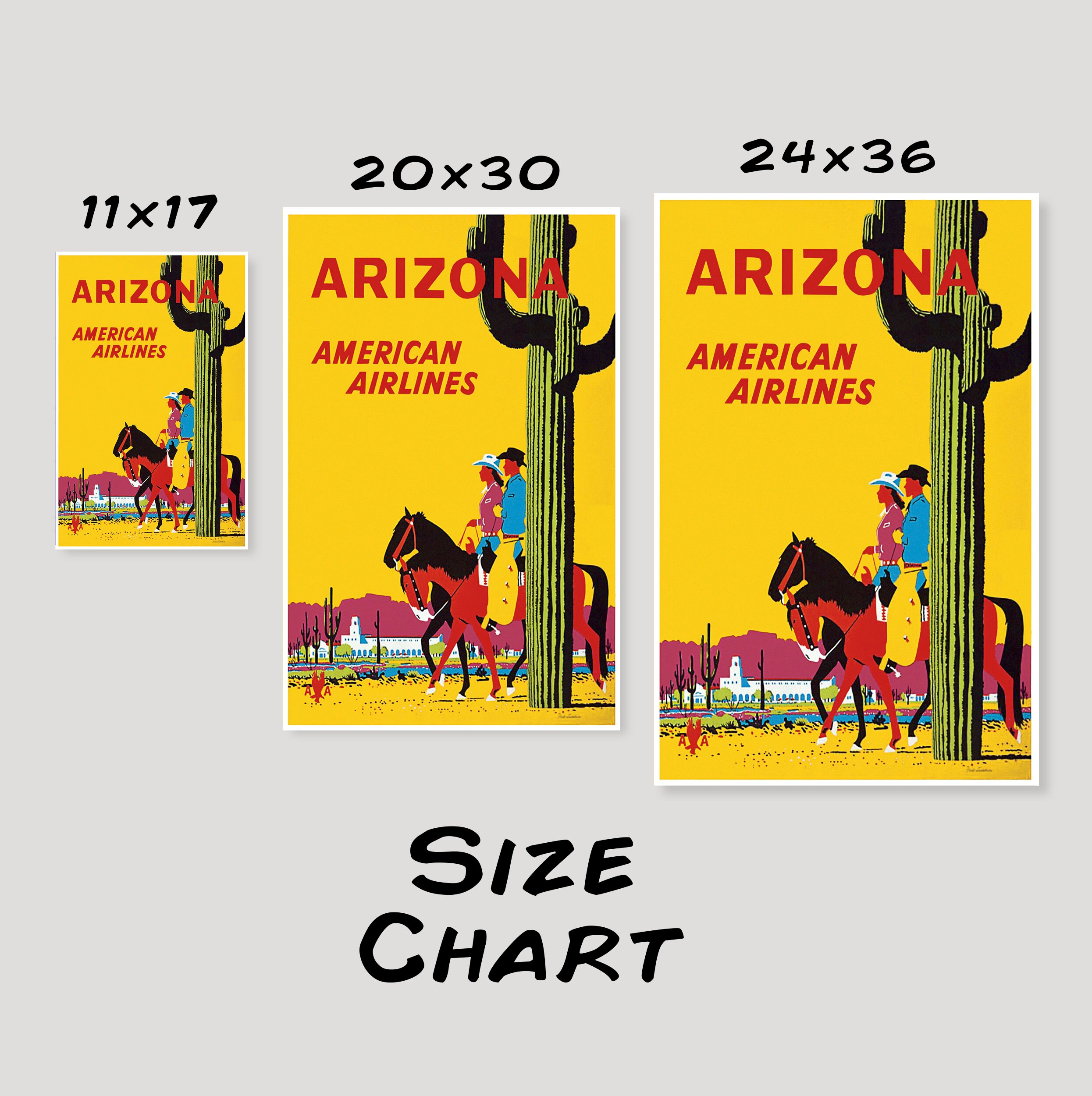Vintage Arizona Travel Poster, Airline Ad, Tuscon, Phoenix, Saguaro ...