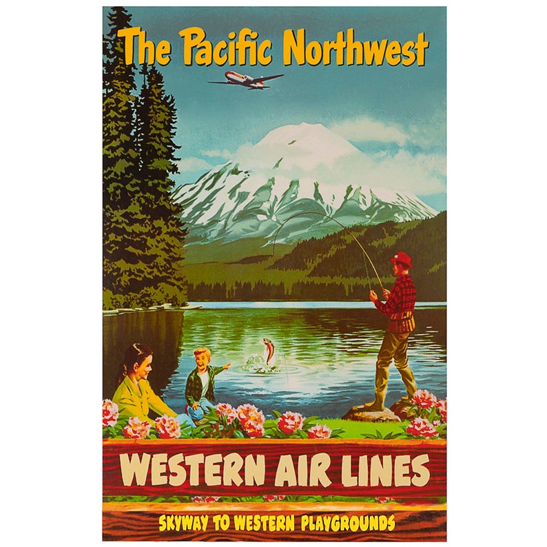 Vintage Pacific Northwest Travel Poster Western Airlines - Etsy