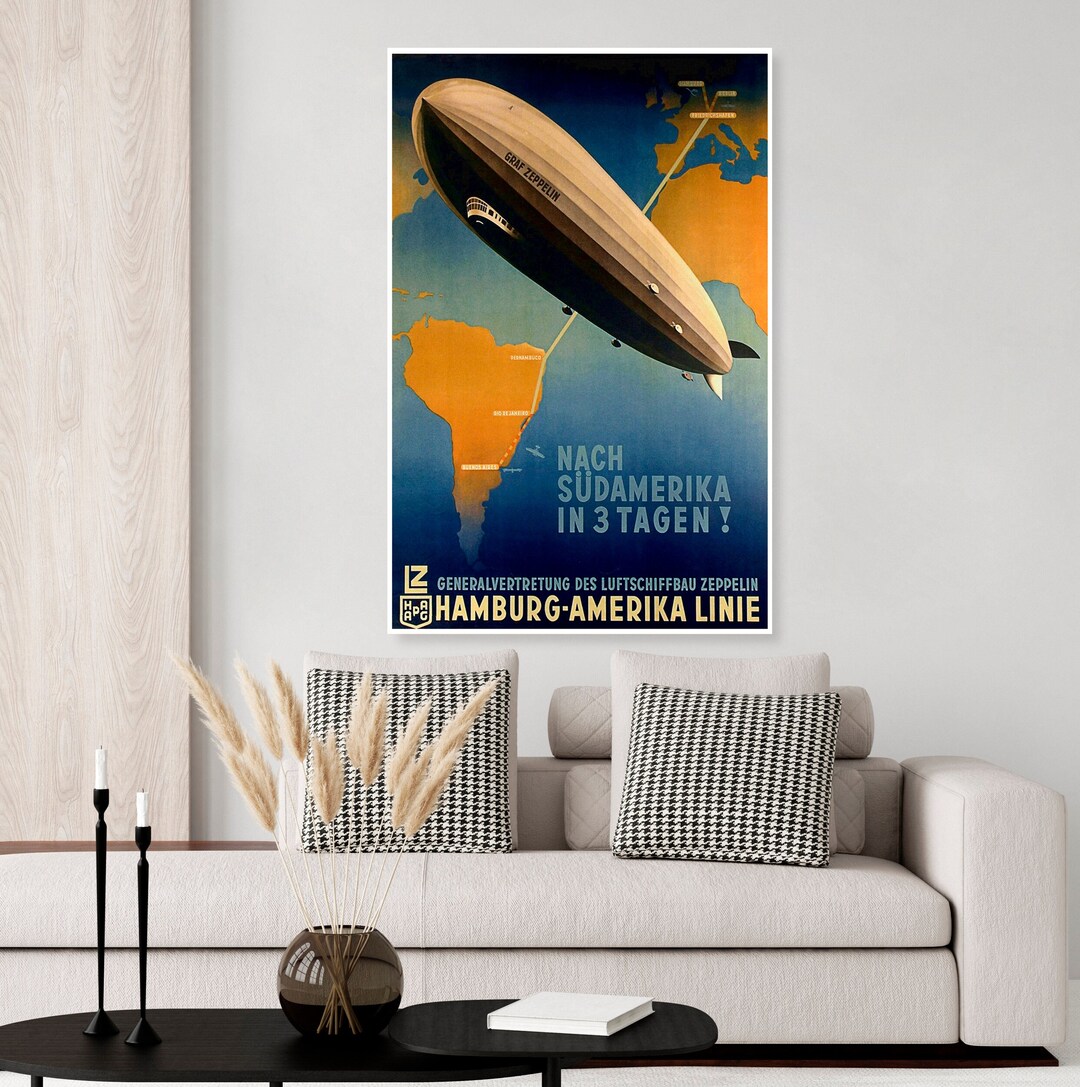 Vintage German Zeppelin Blimp Art Deco Travel Poster, Map, South ...