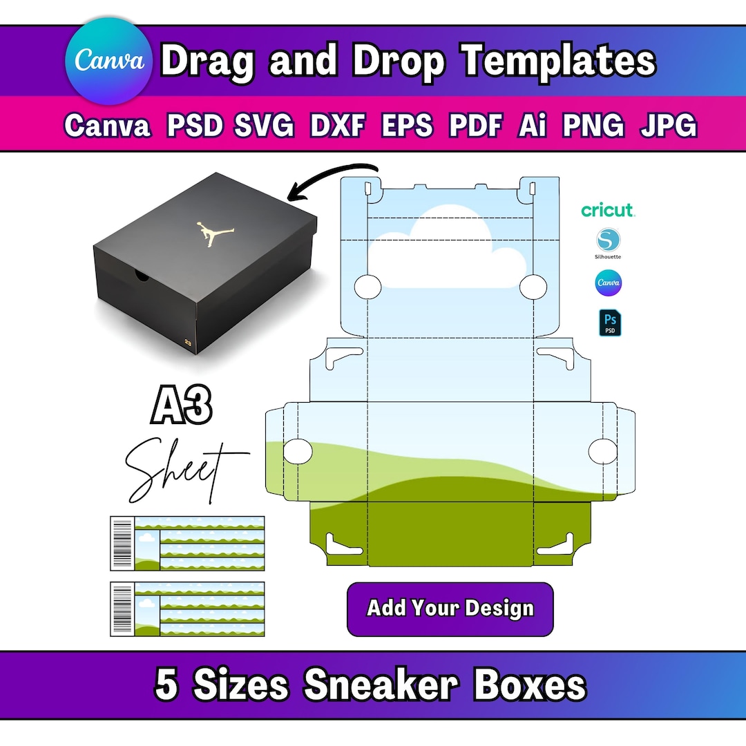 5 Size Sneaker Shoebox Template Canva Drag and Drop Cricut SVG ...