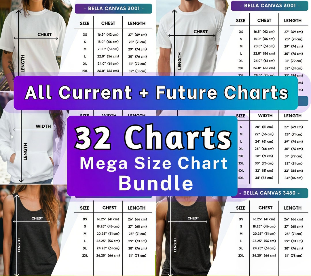 32 Size Chart Mockup Bundle: Bella Canvas, Gildan, Comfort Colors ...
