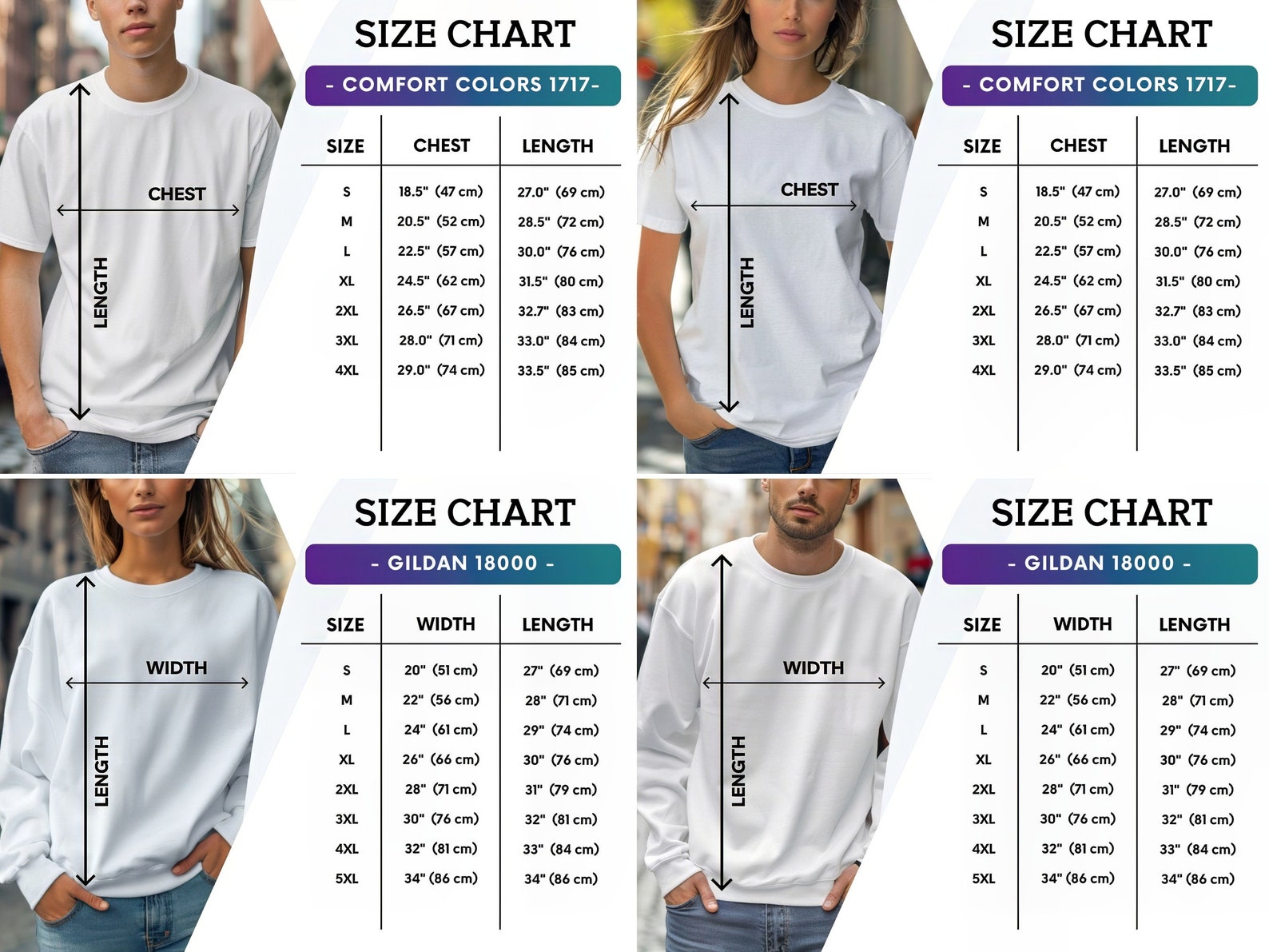 32 Size Chart Mockup Bundle: Bella Canvas, Gildan, Comfort Colors ...