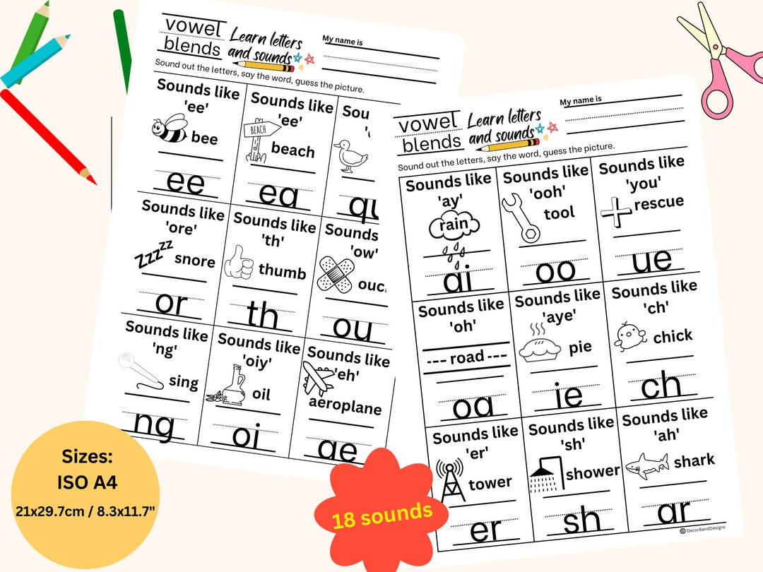Vowel Blend Sound Worksheet, Kids Preschool, Kindergarten, Daycare ...