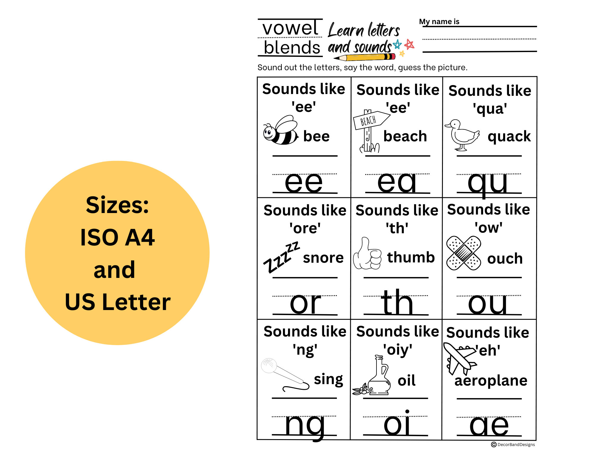 Vowel Blend Sound Worksheet, Kids Preschool, Kindergarten, Daycare ...