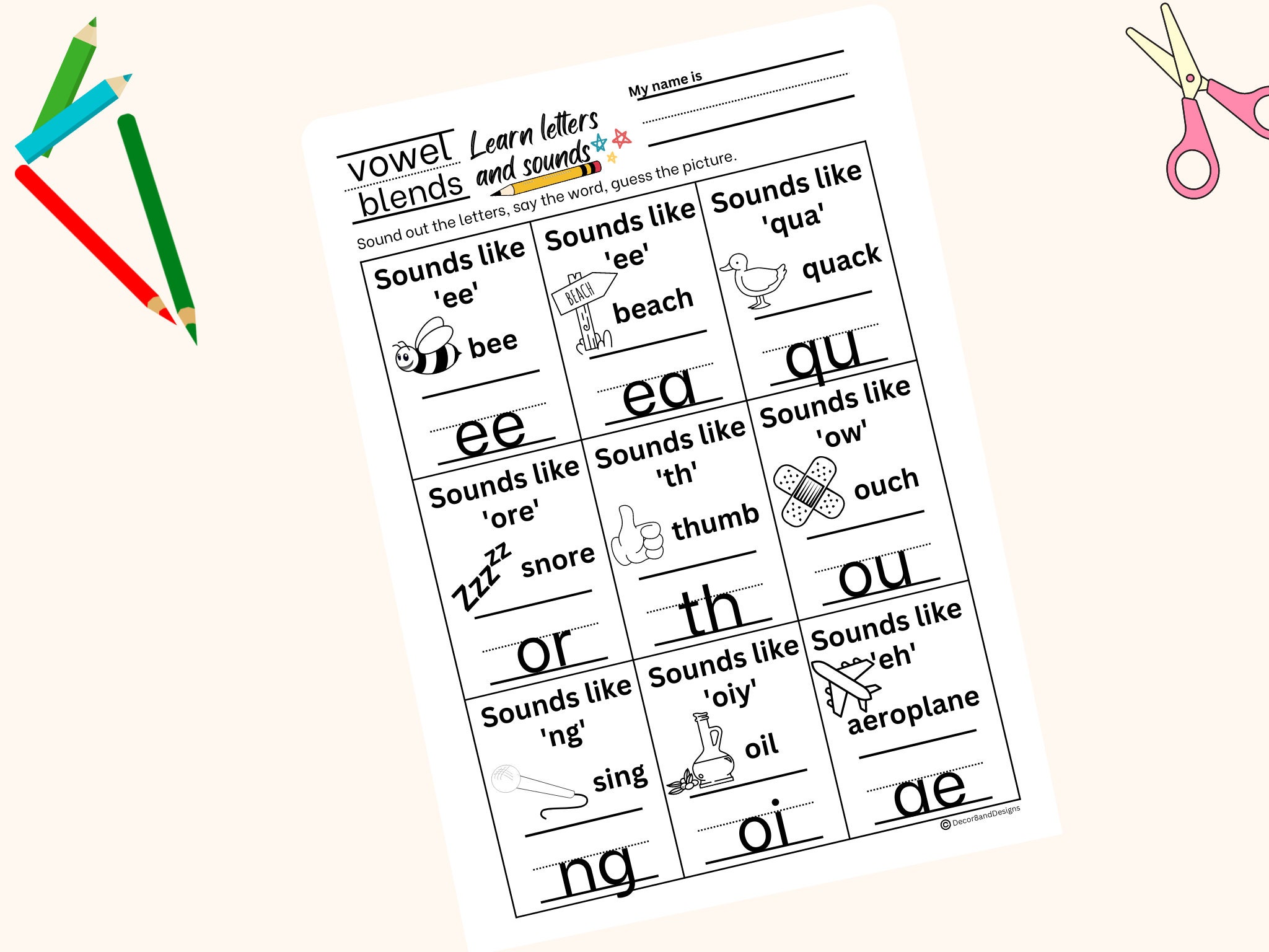 Vowel Blend Sound Worksheet, Kids Preschool, Kindergarten, Daycare ...