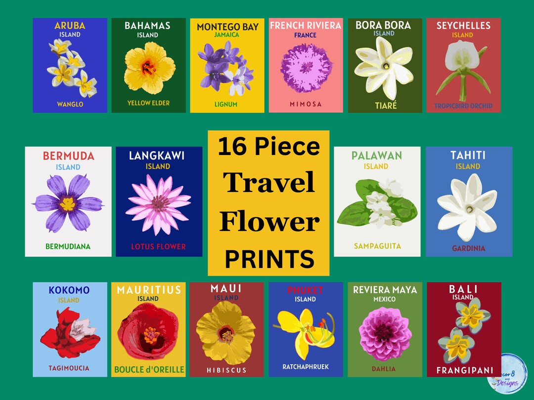 Tropical Vacation Destination Wall Art Floral Colorful Print Set of 16 ...
