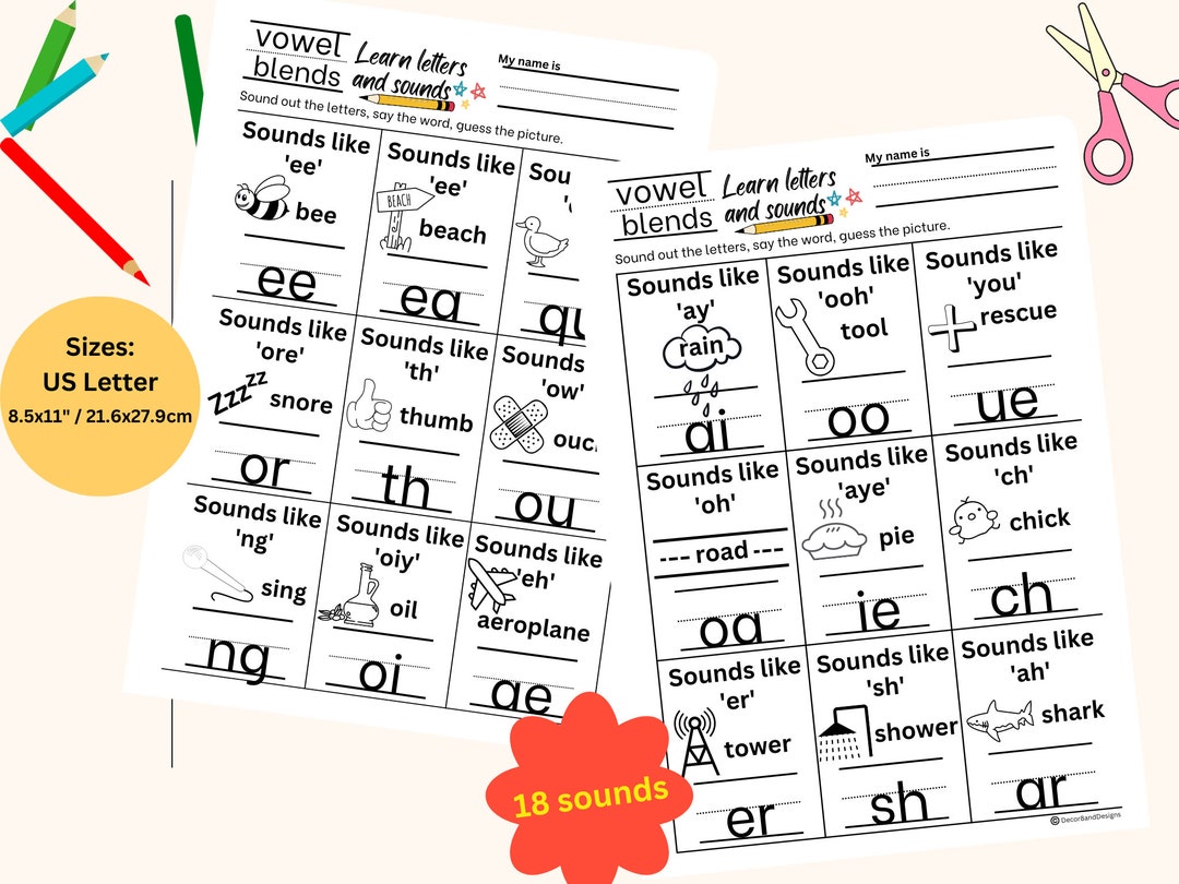 Vowel Blend Sound Worksheet, Kids Preschool, Kindergarten, Daycare ...