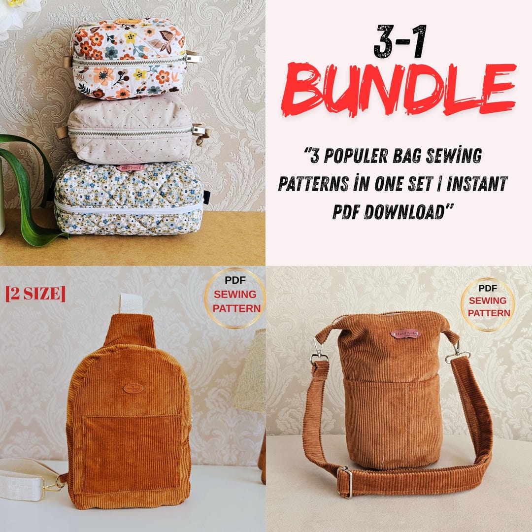 3 in 1 Bag Sewing Pattern Bundle | Boxy Pouch, Sling Bag & Bucket Bag ...