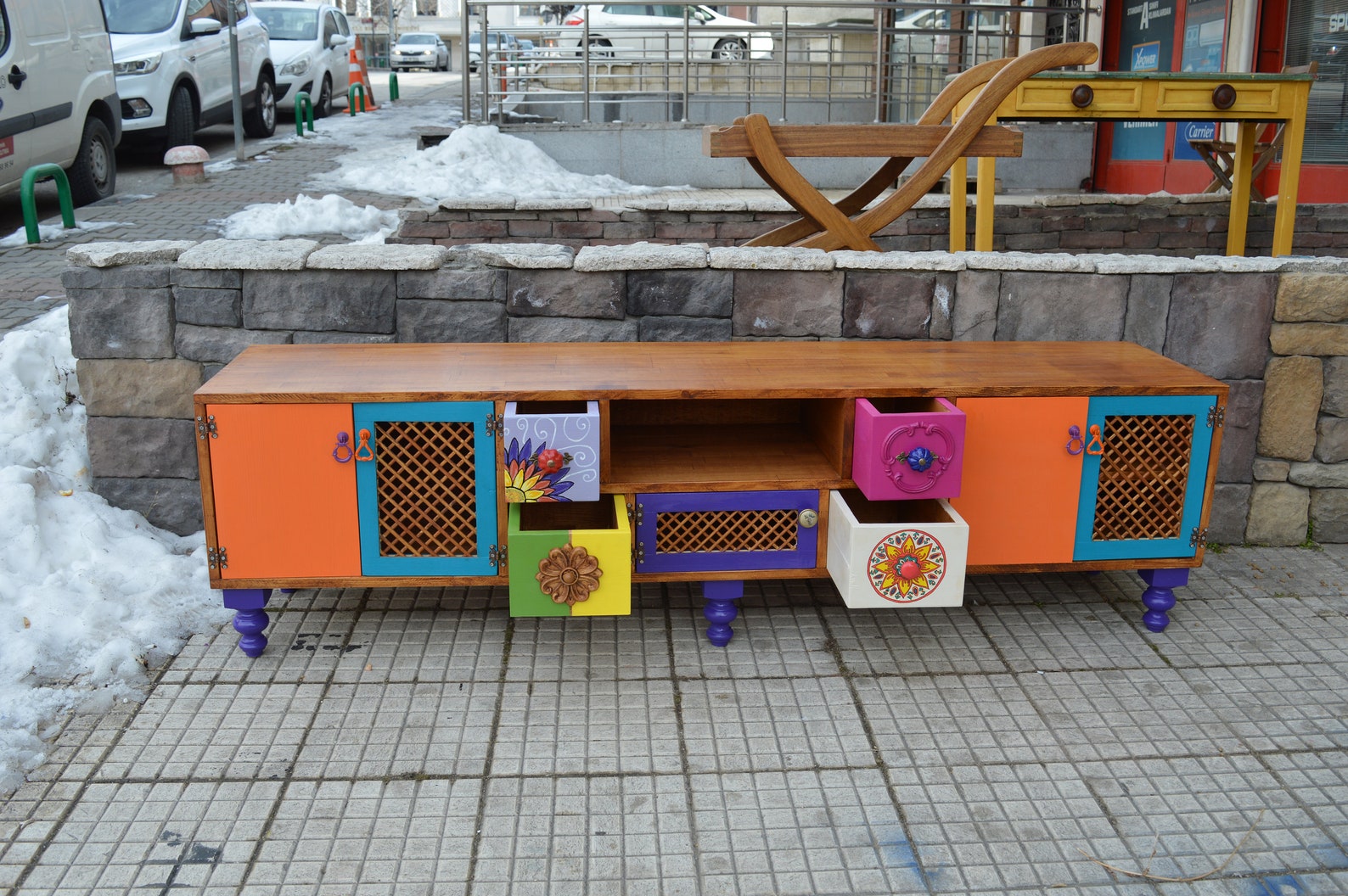 Colorful TV Stand & Media Unit, Solid Pine Wood TV Cabinet, Durable ...