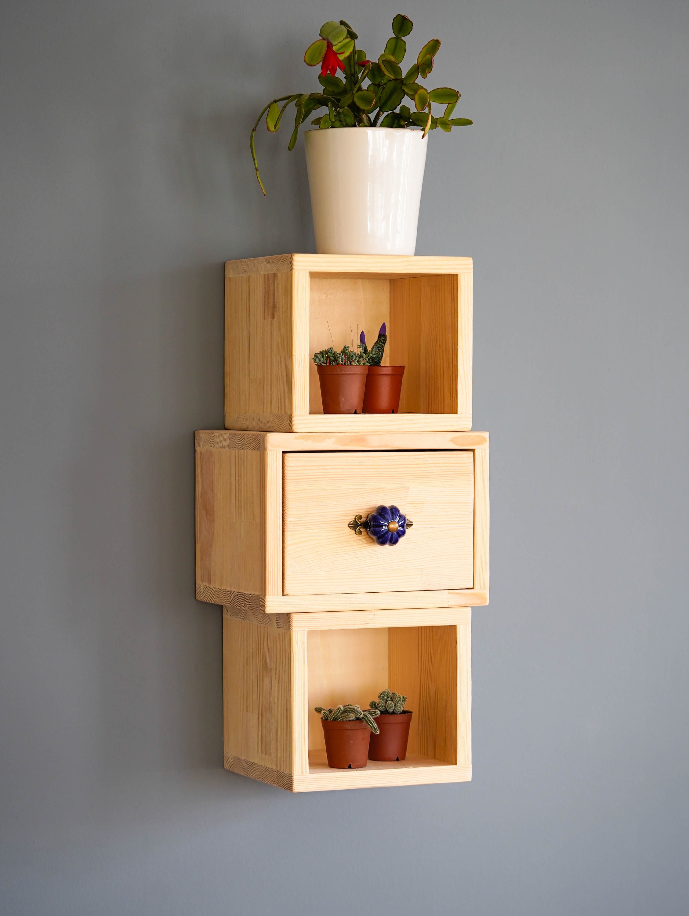 Set of 3 Square Wall Shelves With Only One Drawer, Chance to Hang as ...
