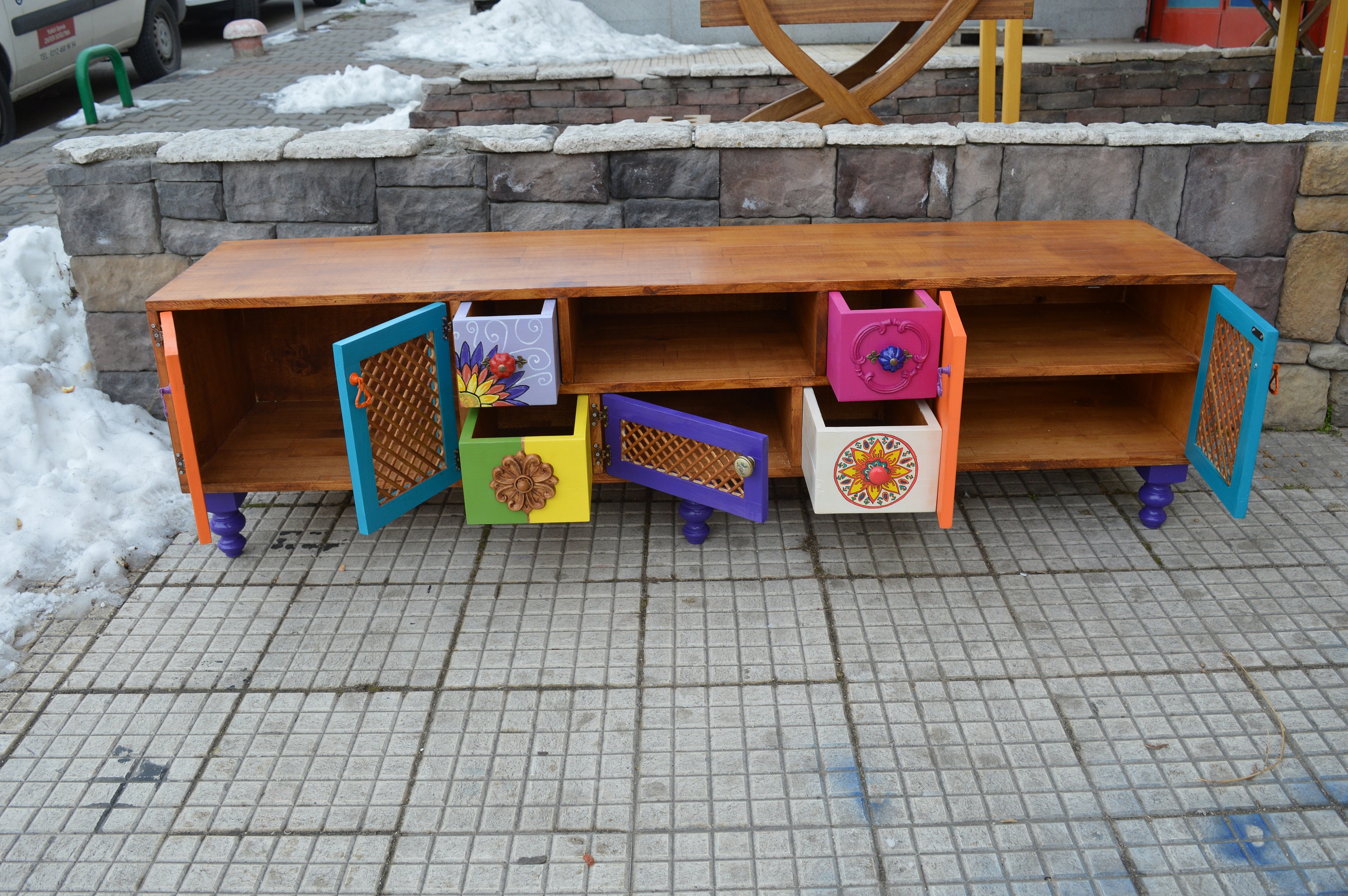 Colorful TV Stand & Media Unit, Solid Pine Wood TV Cabinet, Durable ...