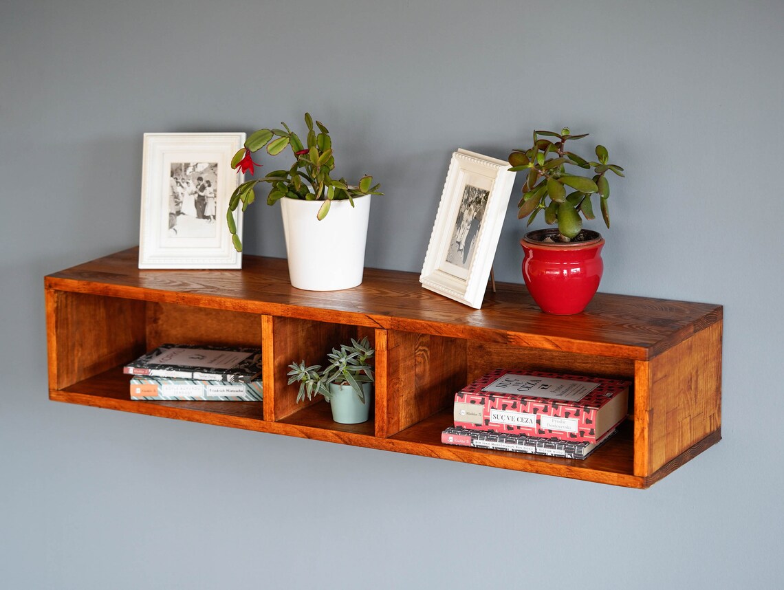 Three Section Floating Shelves, Walnut Color Bookshelves, Wall Hanging ...