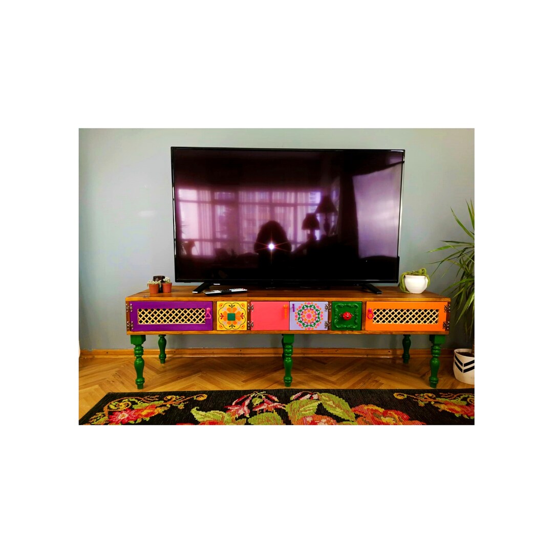 Colorful Hand Painted Solid Tv Cabinet,four Cabinet Door and Two ...