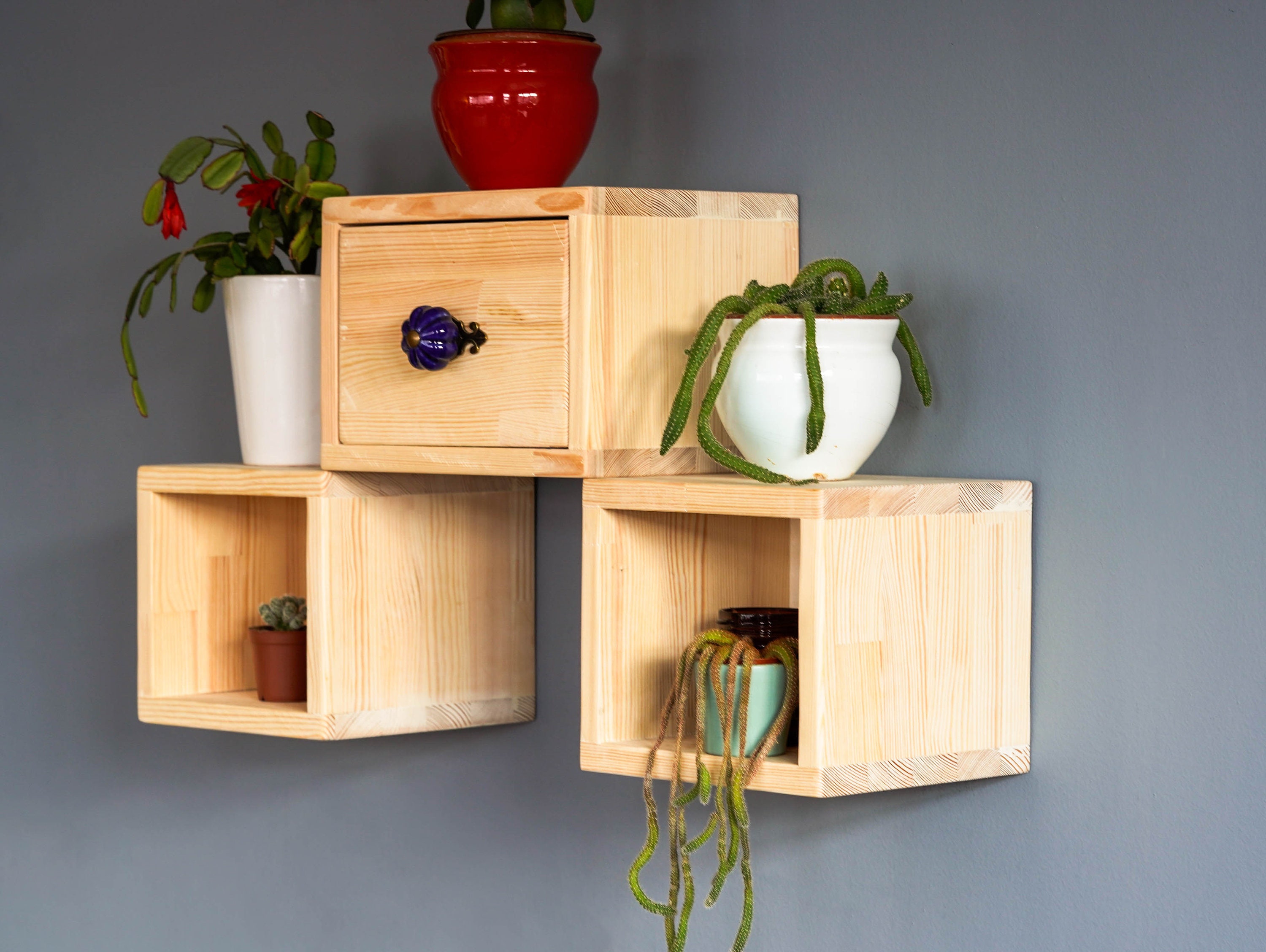 Set of 3 Square Wall Shelves With Only One Drawer, Chance to Hang as ...