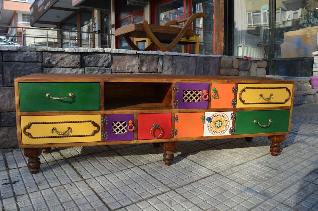 Colorful TV Stand & Media Unit, Solid Pine Wood TV Cabinet, Durable ...