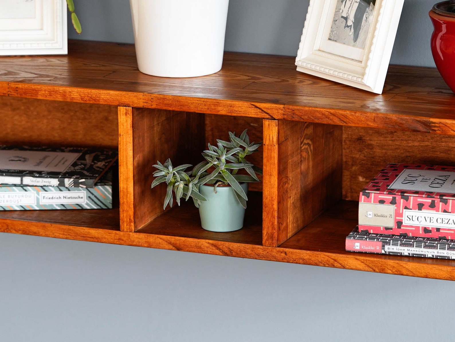 Three Section Floating Shelves, Walnut Color Bookshelves, Wall Hanging ...