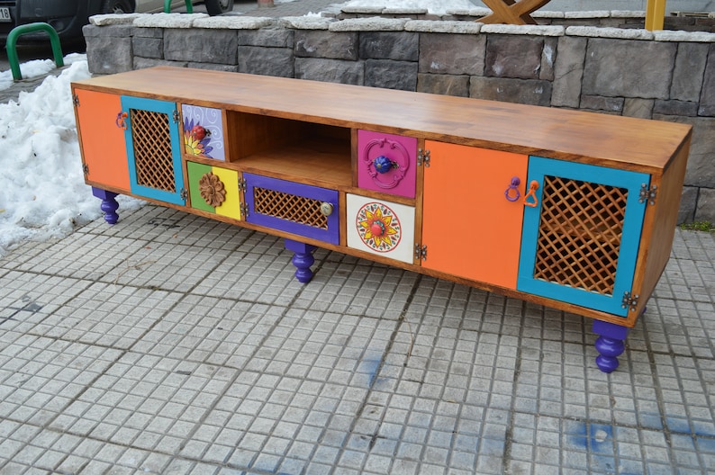 Colorful TV Stand & Media Unit, Solid Pine Wood TV Cabinet, Durable ...