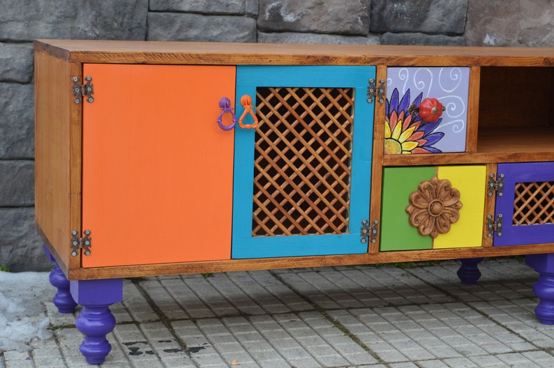 Colorful TV Stand & Media Unit, Solid Pine Wood TV Cabinet, Durable ...