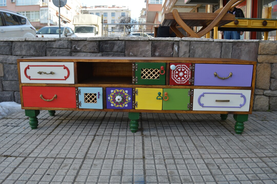 Colorful TV Stand & Handmade Tv Stand Solid Pine Wood TV Cabinet ...