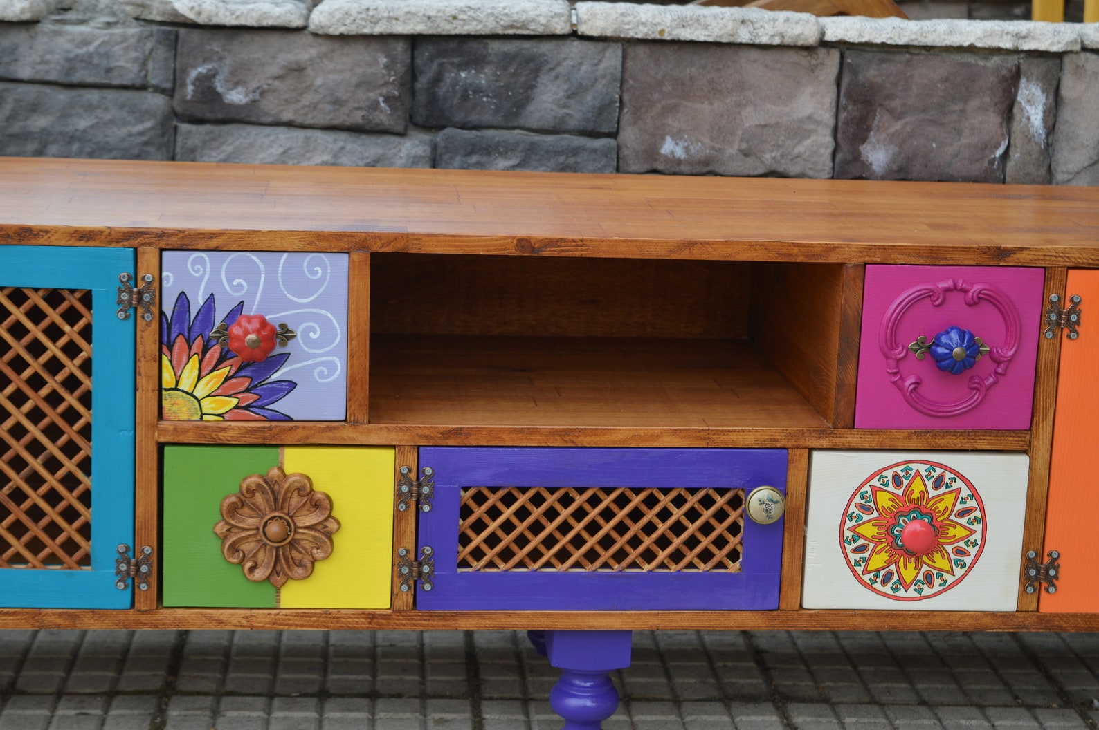 Colorful TV Stand & Media Unit, Solid Pine Wood TV Cabinet, Durable ...