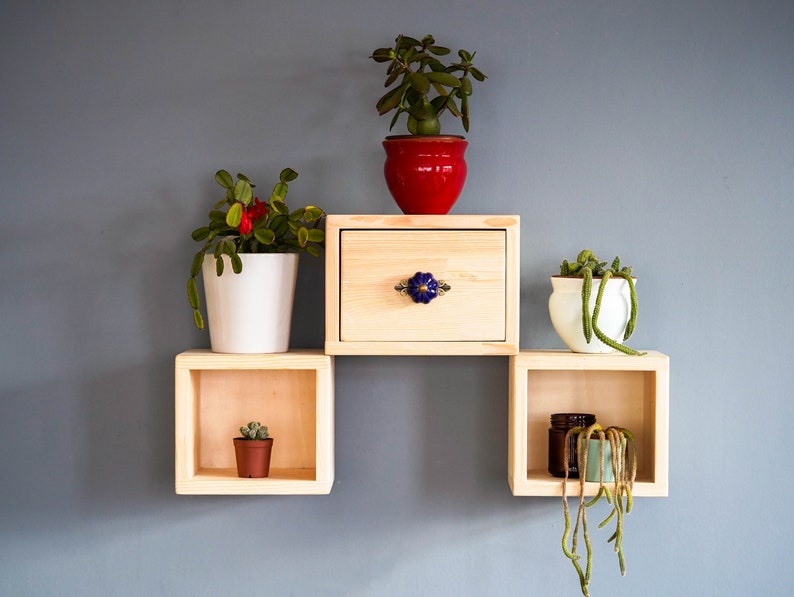 Set of 3 Square Wall Shelves With Only One Drawer, Chance to Hang as ...