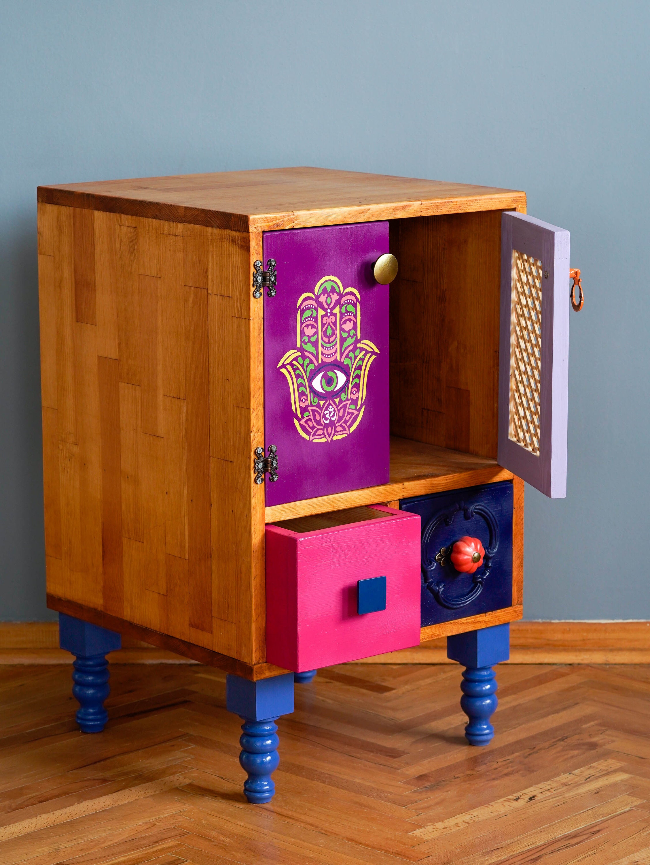 Colorful Nightstand by Solid Pine Wood, Bohemian Style Commode, With ...