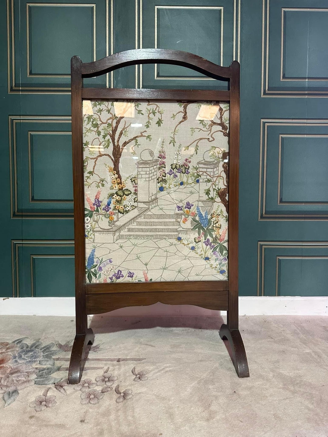 Beautiful Hand Embroidered Fire Screen of a Garden / Floral Scene, Enclosed Behind Glass and ...