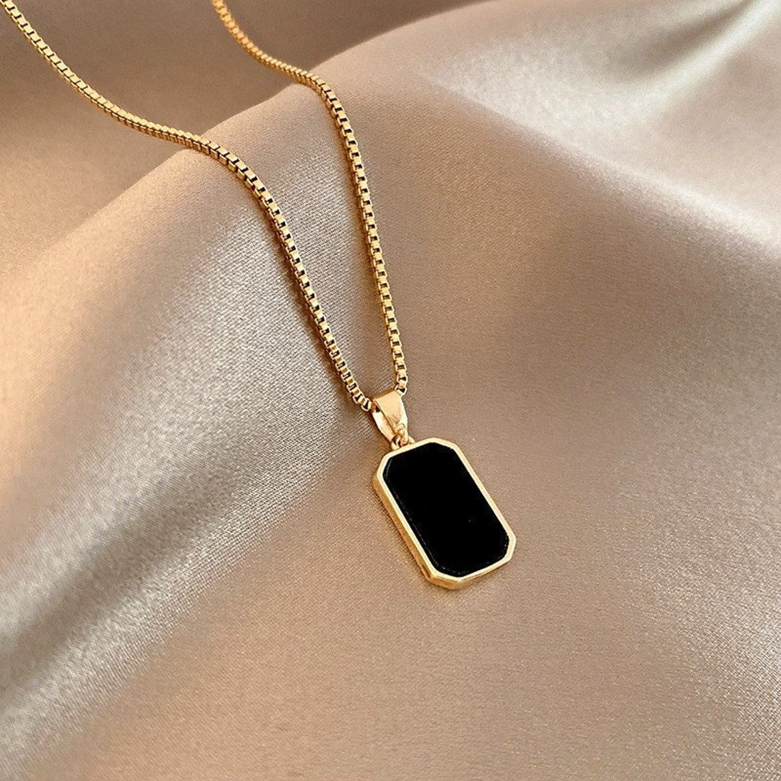 Gold Black Onyx Pendant Necklace With Black Rectangular Onyx Dainty Geometric Jewelry, Perfect ...