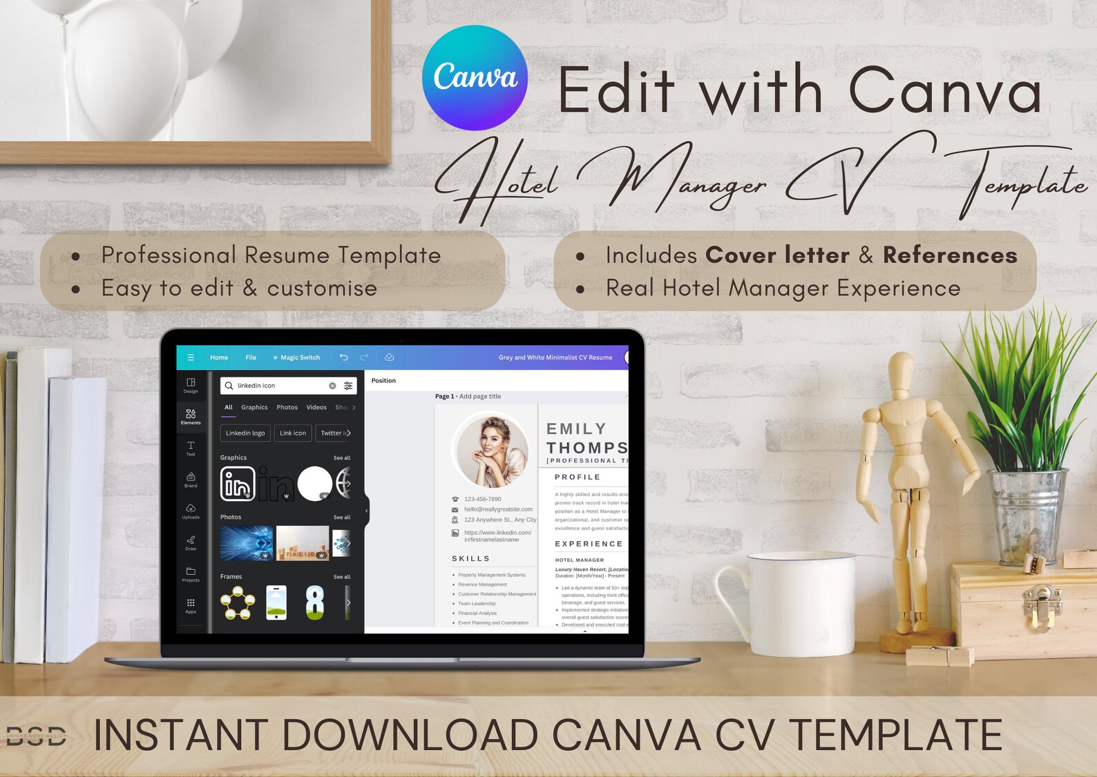 Hotel Manager Resume Template, Cover Letter, References (canva, Instant ...